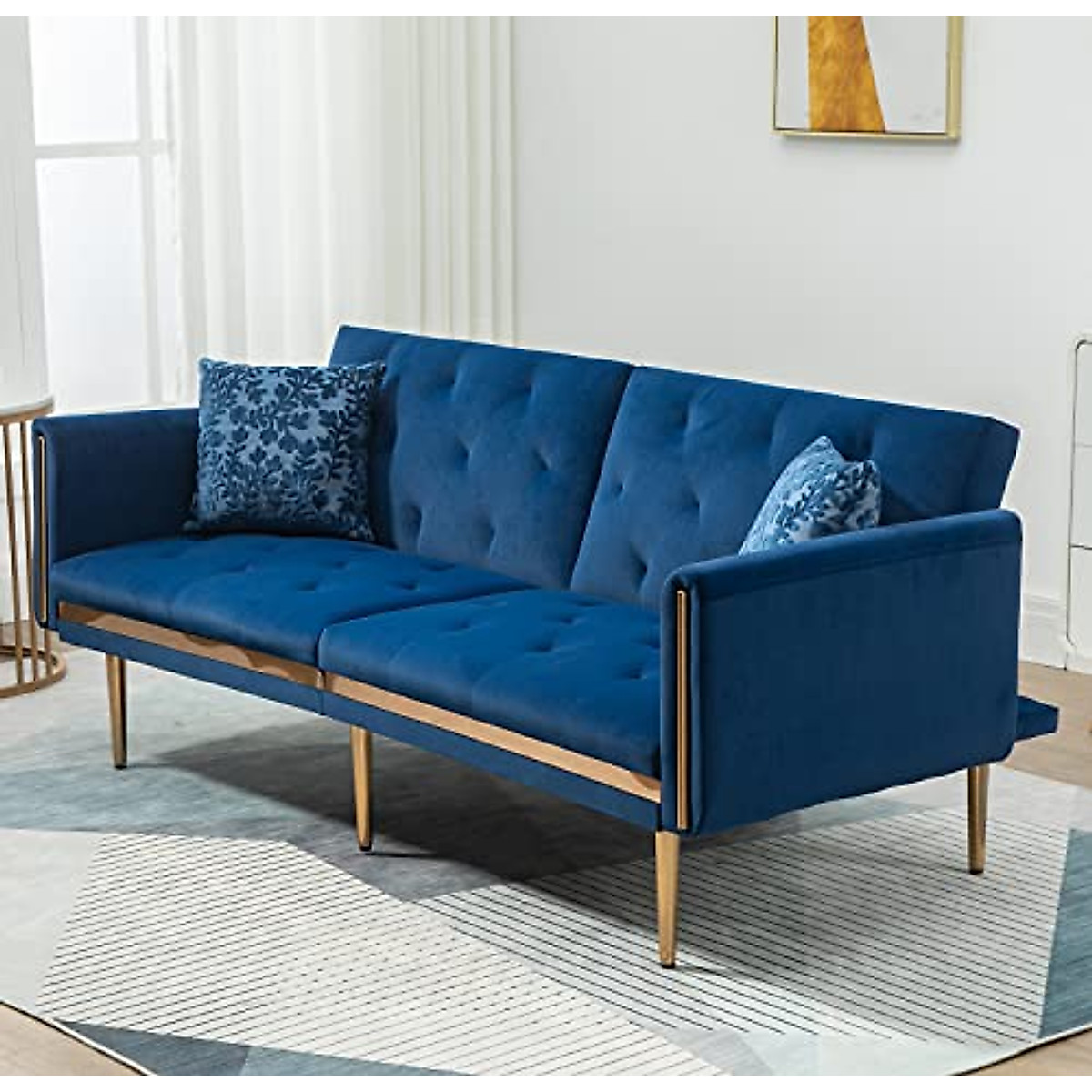 HBHM Velvet Sofa Accent Sofa, Mid Century Modern Loveseat Velvet Fabric Couch, Convertible Futon Sofa Bed, Recliner Couch Accent Sofa Loveseat Sofa with Gold Metal Feet,Blue