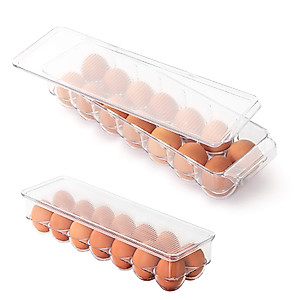 Smart Design Stackable Refrigerator Egg Holder Bin with Handle and Lid - Set of 2 - BPA Free Plastic - Fridge, Countertop, Large Cabinet, Home Pantry Food Tray - 14.65 x 3.25 Inch - Clear