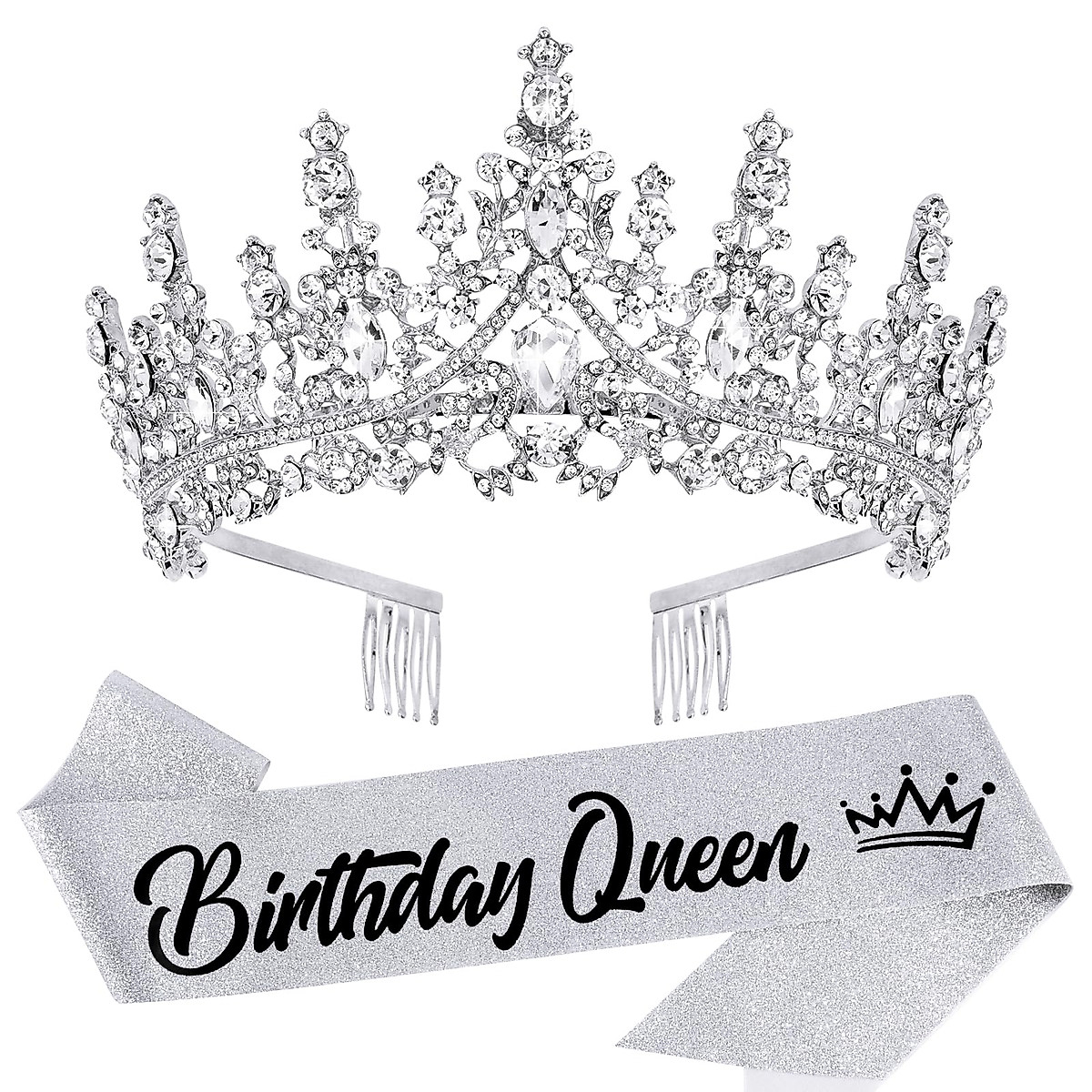 VELSCRUN Silver Crystal Birthday Queen Tiara Crowns for Women Girls Birthday Queen Headband Sash Elegant Princess Crown with Combs Hair Accessories Happy Birthday Party Decorations Mom Birthday Gift