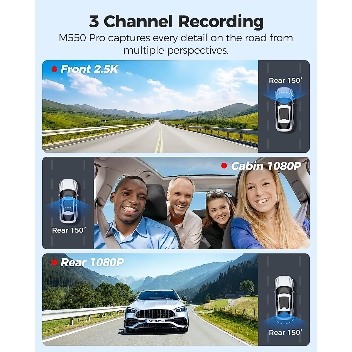 AZDOME M550 Pro 5G WiFi 3 Channel Dash Cam Built-in GPS, 4K+1080P Dual Dash Camera for Cars with 64GB Card, 1440P+1080P+1080P Front and Rear Inside, 3.19" IPS Screen, IR Night Vision, 24H Parking Mode