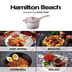 Hamilton Beach Enameled Cast Iron Sauce Pan 2-Quart Navy, Cream Enamel coating, Pot For Stove top and Oven Cooking, Even Heat Distribution, Safe Up to 400 Degrees, Durable