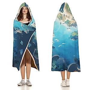 Hooded Blankets Blue Ocean Fish Wearable Hooded Blankets Nature Nautical Ocean Flannel Soft And Comfortable Fit for Kids Adults Teens for Sofa Lounge Bed Napping 50"x60" Spring Summer Blanket Hoodie