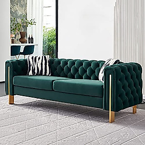 CALABASH Green Velvet Couch, Chesterfield Sofa 84 Inch Living Room Mid-Century Modern Tufted Velvet Gold Metal Legs and 2 Throw Pillows (Green)