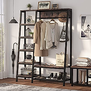 Tribesings 47 inches Clothes Closet, Free-standing Clothing Garment Rack with Shoe Bench and Storage Shelf, Industrial Entryway Hall Tree Rack with Hooks , Capacity Weight 350 lb