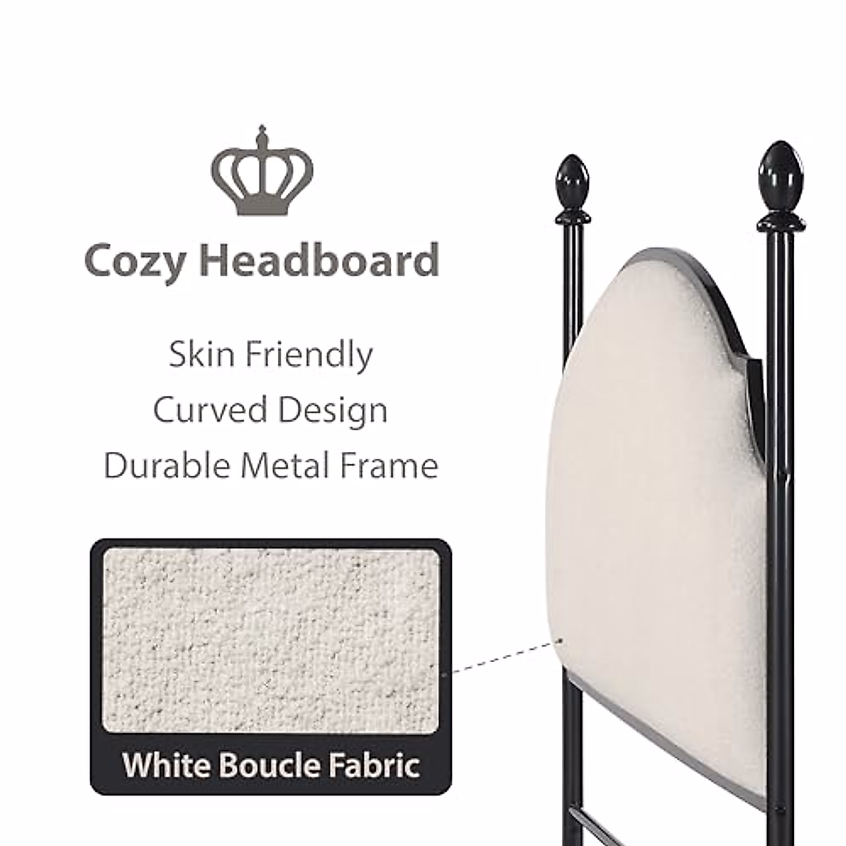 Furniture of America Eleanor Modern Curved Metal Poster Bed King Size with Boucle Fabric Headboard and Panel Style Footboard, Box Spring Required, Gunmetal Black