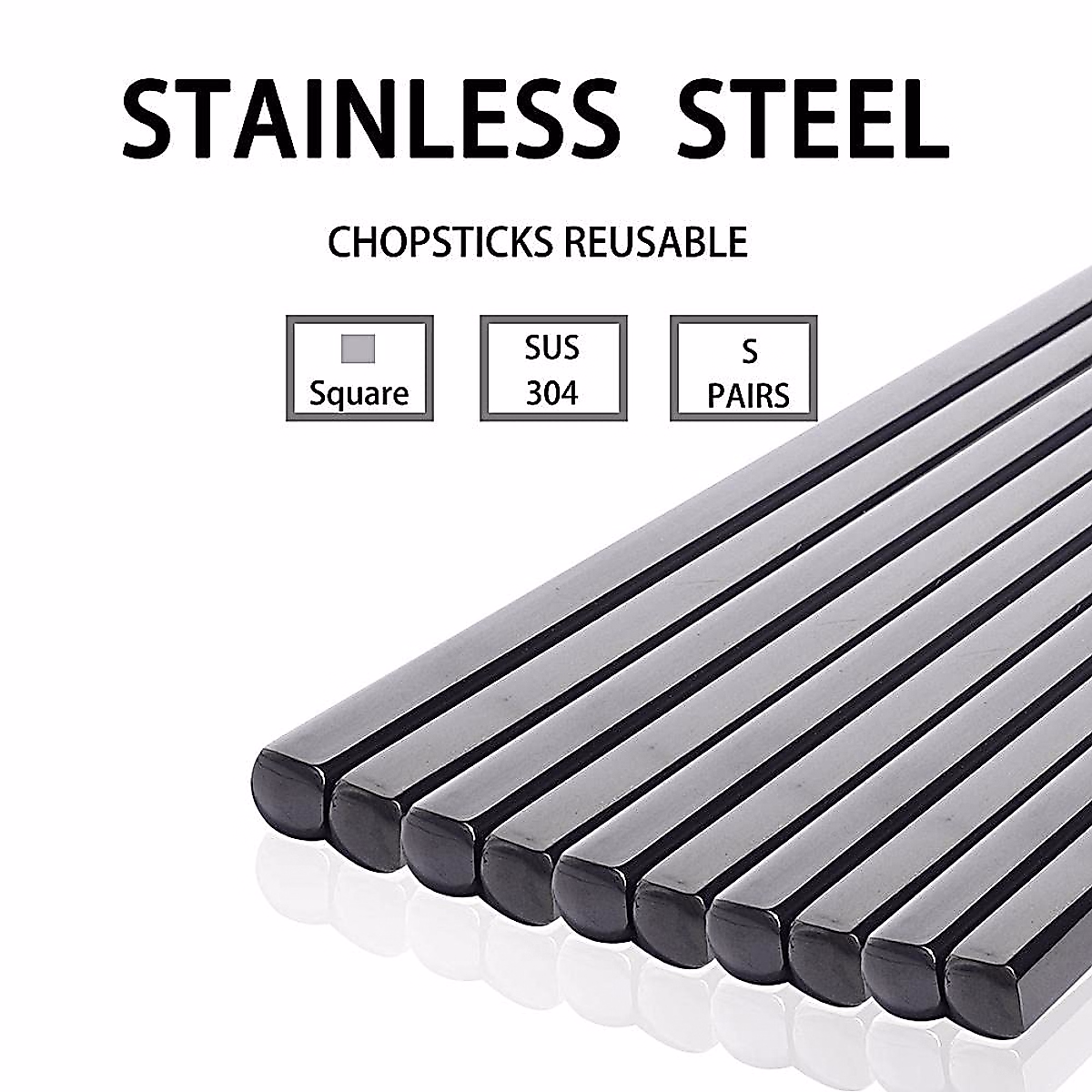 Metal Chopsticks Reusable Titanium Plated Stainless Steel Chopsticks Japanese Korean Chopsticks for Food & Cooking 9.5Inch Non-Slip for Beginners Square Laser Chopsticks 5 pairs Gift Set