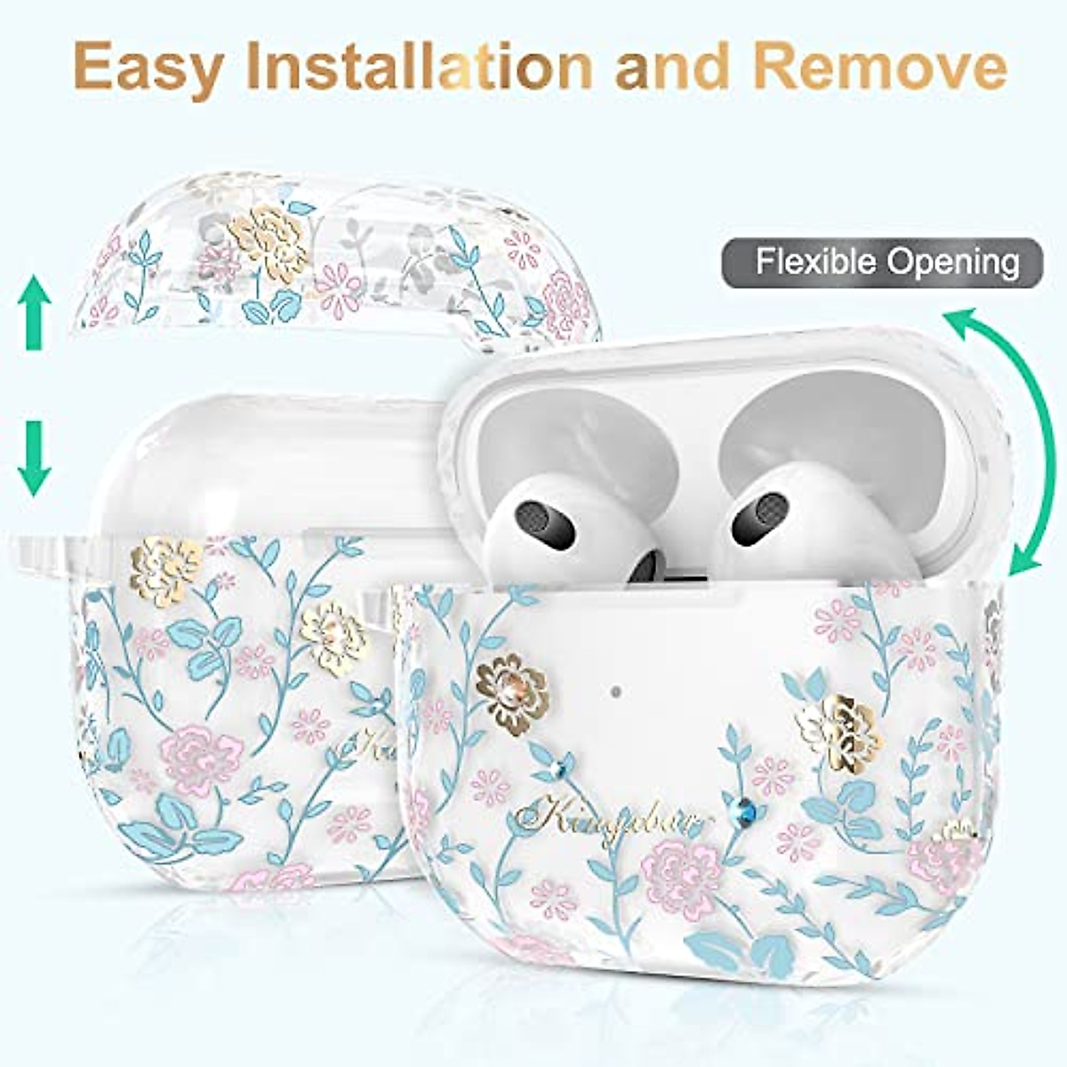 KINGXBAR Compatible with AirPods 3rd Generation Case, Cute Floral Clear Soft TPU Shockproof Protective Cover for Women Girls with Keychain for Apple AirPods 3 2021 Charging Case (Blue)