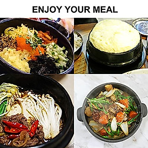 Jovely Korean Cooking Premium Ceramic Stone Bowl(Dolsot or Ddukbaegi) Diameter 6.3'' High 2.95'' Sizzling Hot Pot for Korean food such as Bibimbap and Soup (with Tray and Special Bowl Tongs Set)