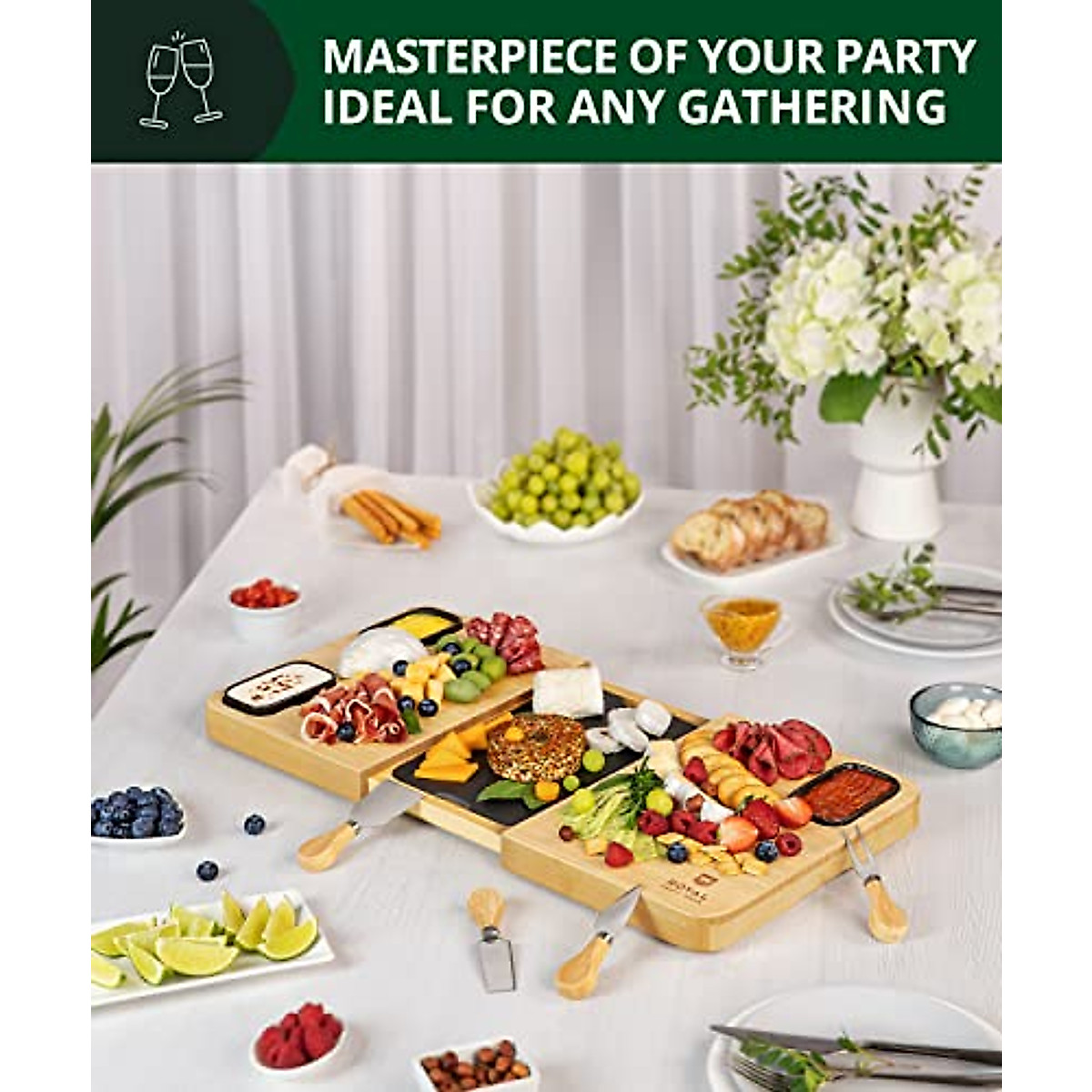 Extra Large Bamboo Charcuterie Boards - Large Charcuterie Board Set w/ 3 Sauce Bowls, 4 Knives & Slate Plate - Unique Cheese Board & Serving Tray with Charcuterie Accessories - Ideal Housewarming Gift