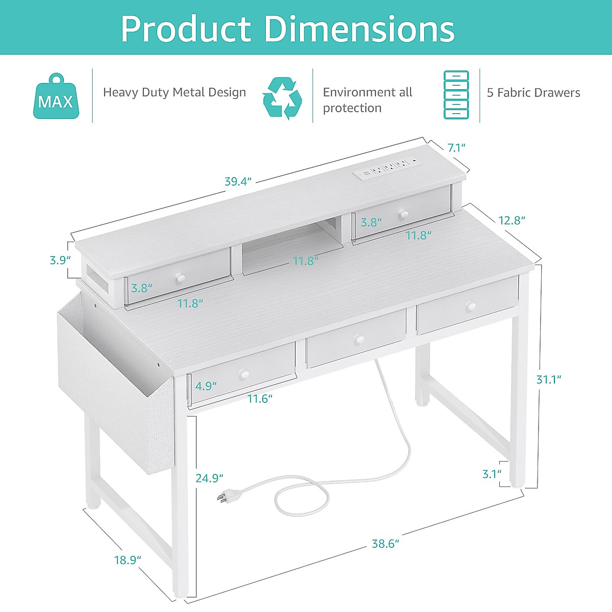 Lufeiya White Computer Desk with Fabric Drawers for Home Office, 40 inch Vanity Makeup Desk with Drawers Storage for Bedroom, Writing Study Table with Power Outlet & Monitor Stand, White