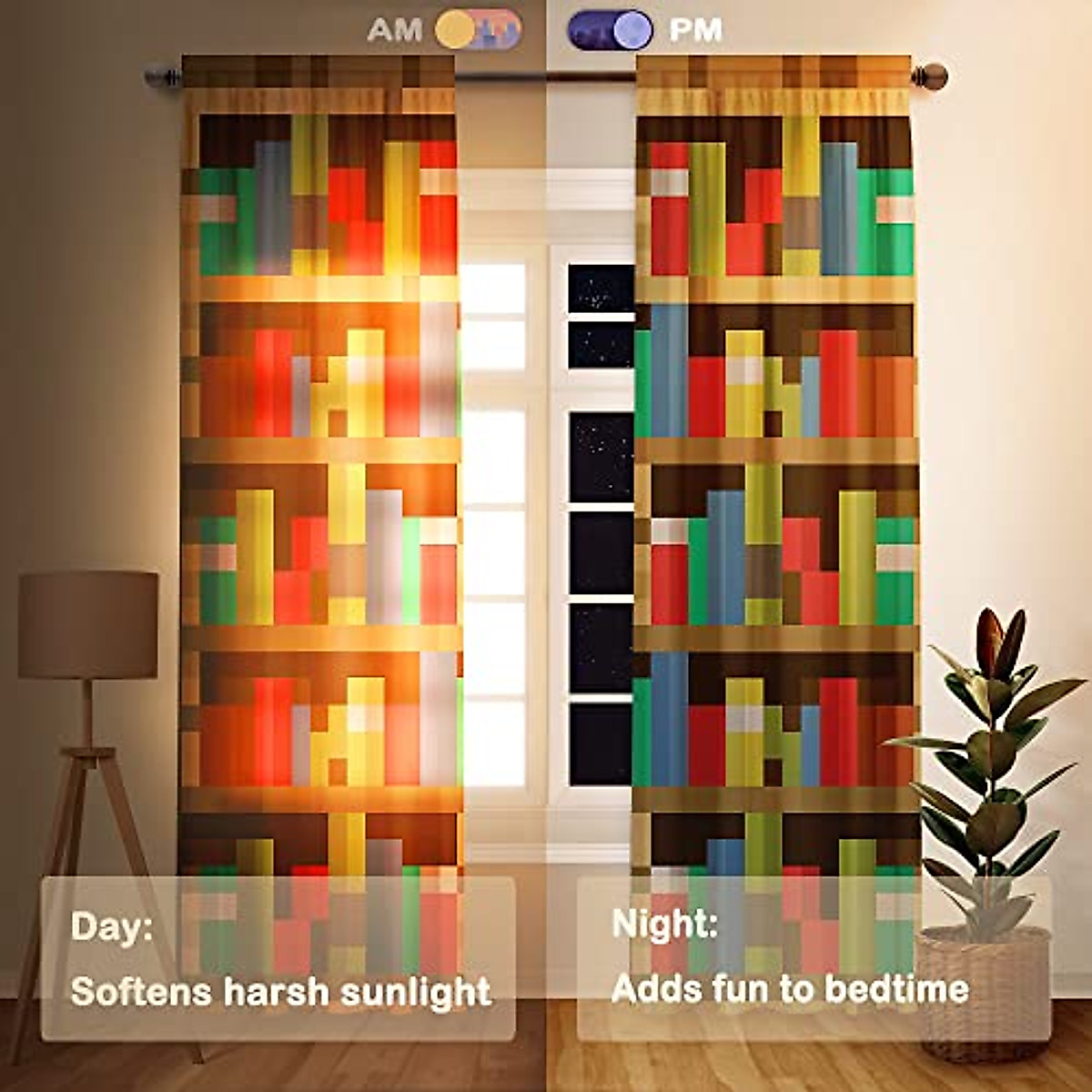 Allenjoy Pixelated Bookshelf Children Window Curtains for Boy Girl Baby Kids Room Bedroom Nursery Toddler Home Office Decor Decorations Durable Fabric Machine Washable 82 in x 84 in