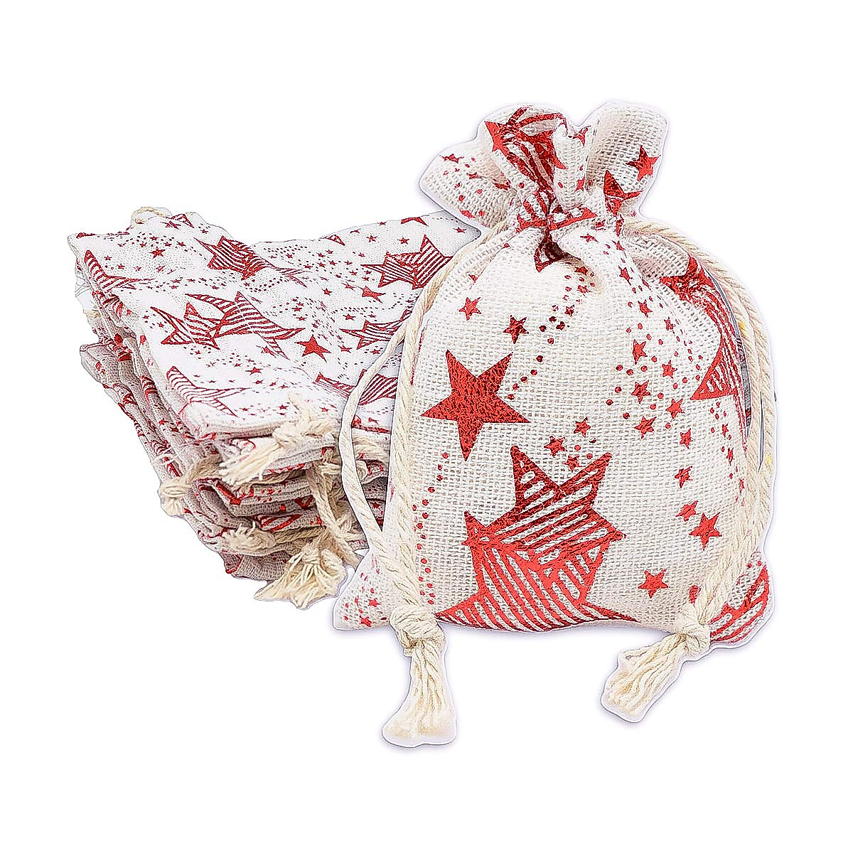 12pk - 8x10 Cotton Canvas Muslin Gift Bags with Drawstring for Presents, Party Favors, Samples (Red Stars, Large) by TheDisplayGuys