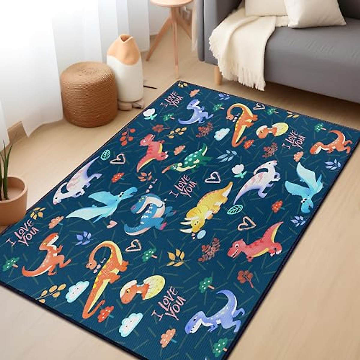 Reihanosk Dinosaur Area Rugs for Kids Room Boys Girls, 3'×5' Cartoon Carpet Bedroom Home Decor Large Play Mat, Non Slip Crystal Polyester Dinosaur Mat for Playroom Classroom Kidroom, 59"*39"