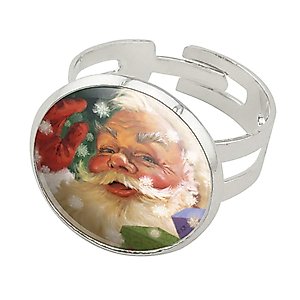 Christmas Holiday Hello Santa Claus Silver Plated Adjustable Novelty Ring