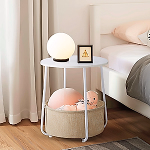 DUMOS Small Round Side End Table, Modern Nightstand with Fabric Storage Basket, Bedside Table for Living Room Bedroom (White & Beige