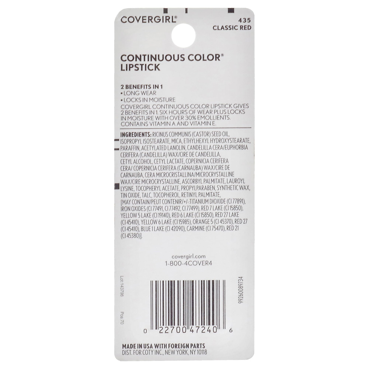 COVERGIRL Continuous Color Lipstick Classic Red 435, .13 oz (packaging may vary)