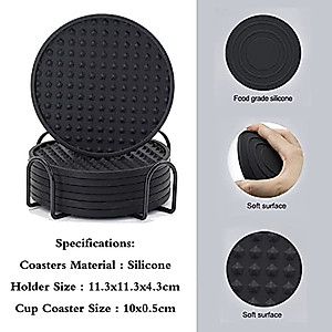 Set of 8 Drink Coasters with Holder,Silicone Coasters for Drinks, Rubber Coasters for Tabletop Protection, Non-Slip Heat Resistant Coasters for Coffee Table (Black)