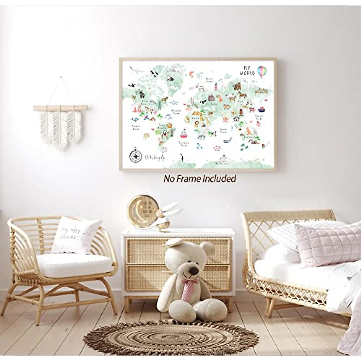 Joocrise Green Kids World Map Wall Art Animal Map Canvas Wall Art Educational Wall Art Nursery Wall Decor World Map Poster Childrens Room Decor Playroom Prints 16x24 Inch Unframed