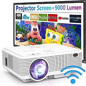 WiFi Projector with 100’’ Projector Screen, 9000Lux Projector for Outdoor Movies 1080P Full HD Supported Mini Portable Projector Compatible with Smartphone TV Stick HDMI USB AV AUX