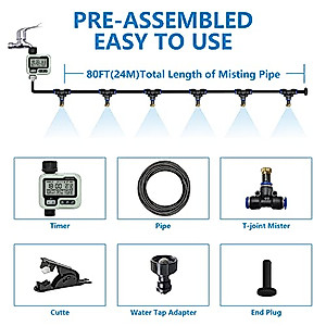 Misting Cooling System,Outside Water Misters for Outdoor Patio,80Ft(24M),Backyard Mist Hose Kits with Sprinkler Timer Yard,Lawn,Garden,Greenhouse,Fan,Umbrella,Canopy,Pool,Porch,BBQ Party Accessorie