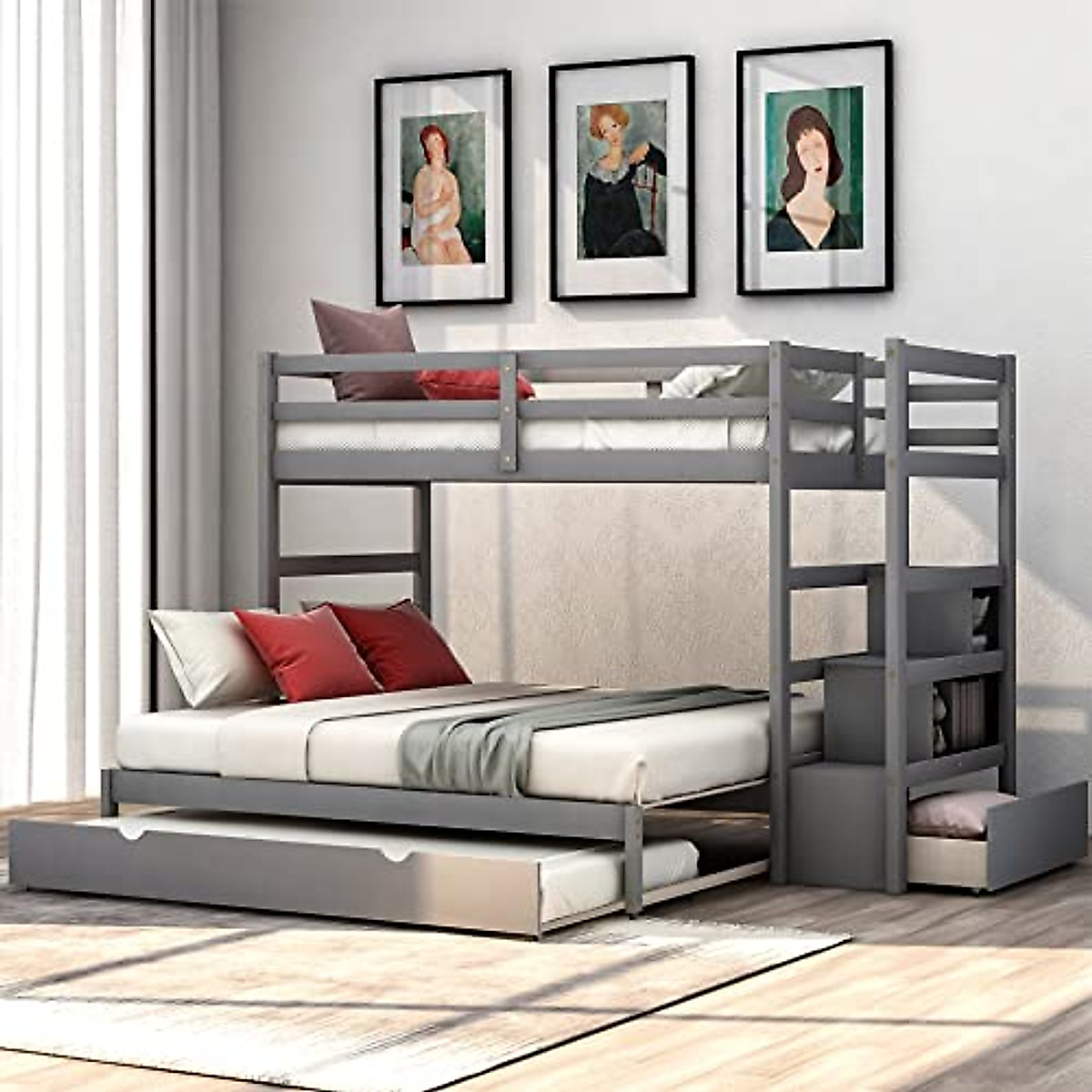 Twin Over Twin/King Bunk Beds with Trundle, New Version Wooden Bunk Beds with Storage Drawers and Stairs, Extendable Pull-Out Bunk Bed, Convertible to Twin Over King Bunk Beds (New, Grey)