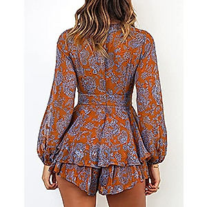 Relipop Women's Jumpsuit Floral Print V Neck Baggy Sleeve Waist Tie Double Layer Ruffle Hem Short Mini Dress Romper