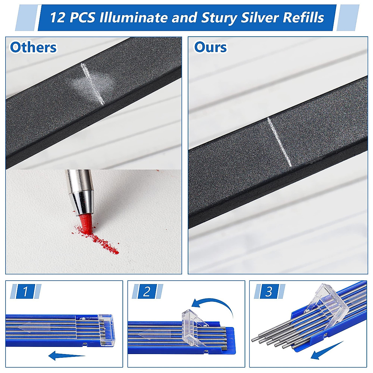 Hiboom Welders Pencil with 12 Pcs Silver Round Refills, Mechanical Pencils Metal Marker with Built-in Sharpener for Pipe Fitter Welder Steel Construction Fabrication Woodworking