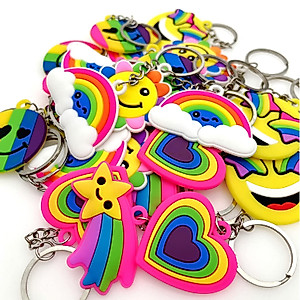 JZK 30 Pcs Rainbow keyrings set for kids, rubber smile face keychains for children birthday party favours, kids party bag fillers thankyou gift