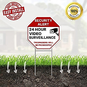 2PC 24 Hour Video Surveillance Sign with Stakes, 13"x13" - Corrugated Plastic - No Trespassing Signs for Home Outdoor Yard - Private Property Security Camera Alert Warning
