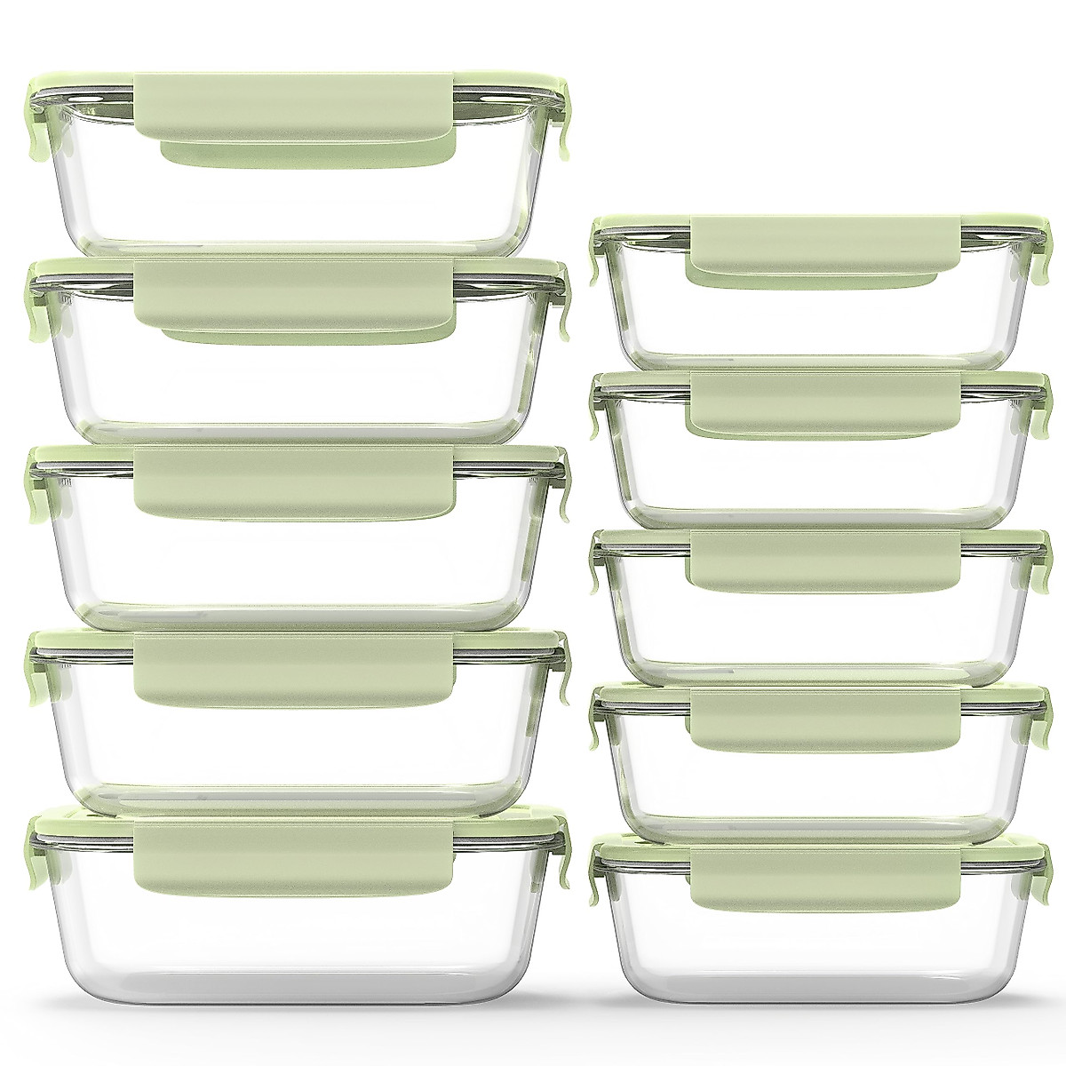 ZRRHOO 10 Pack Glass Food Storage Containers with Lids, Freezer Meal Prep Containers (Built in Vent), Green Kitchen Style Bento Boxes for Storage, BPA Free & Leak Proof (Green)