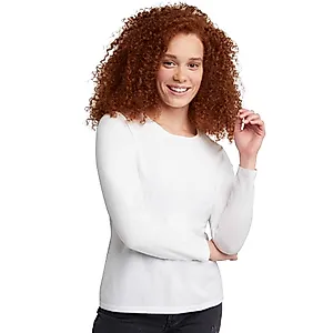 Hanes Long Sleeve Cotton T-Shirt, Lightweight Crewneck Tee for Women, Modern Fit, White, 2X Large