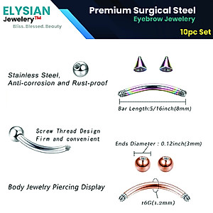 ELYSIAN 10Pcs tainless Steel Rook Daith Earrings Belly Lip Ring Eyebrow Studs Cartilage Tragus Cubic Zirconia Barbell Body Piercing 8mm (5/16''), Blue, Black, Green, Gold, Pink, Purple, Silver