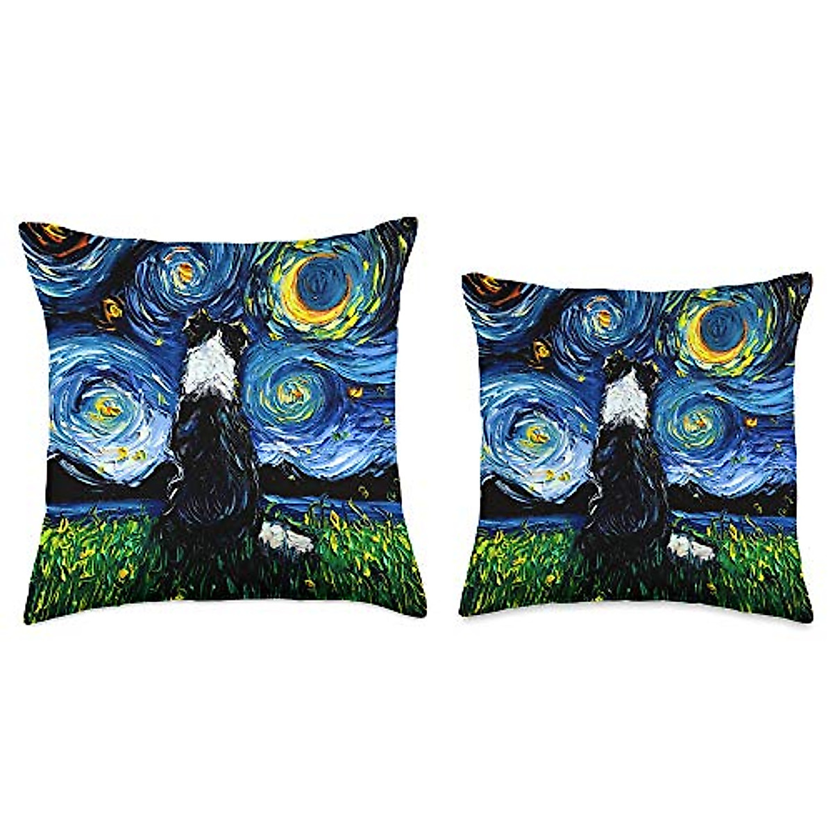 Sagittarius Gallery Border Collie Back Full Version Starry Night Dog Art by Aja Throw Pillow, 18x18, Multicolor