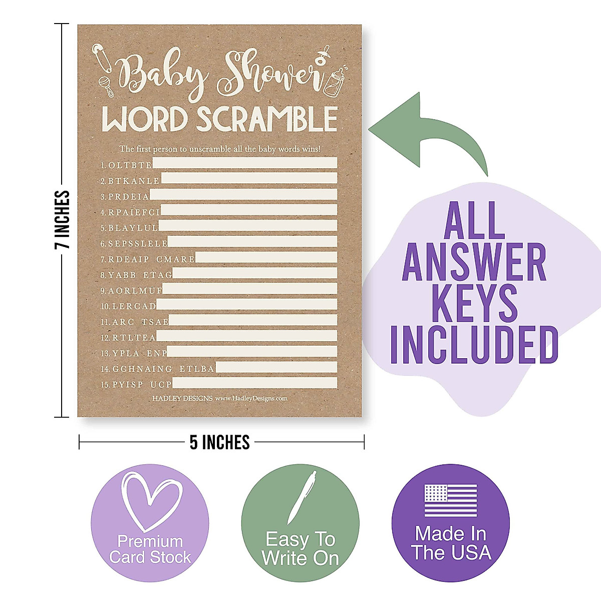 Hadley Designs Rustic Baby Shower Games Gender Neutral - 50 cards, Two 25-game sets, 4 Games Double Sided, Baby Prediction And Advice Cards, Baby Trivia, True Or False Baby Game, Gender Reveal Games