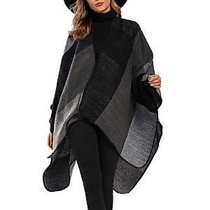 Epsion Women's Color Block Shawl Wrap Plus Size Cardigan Poncho Cape Open Front Long Winter Sweater Coat Black