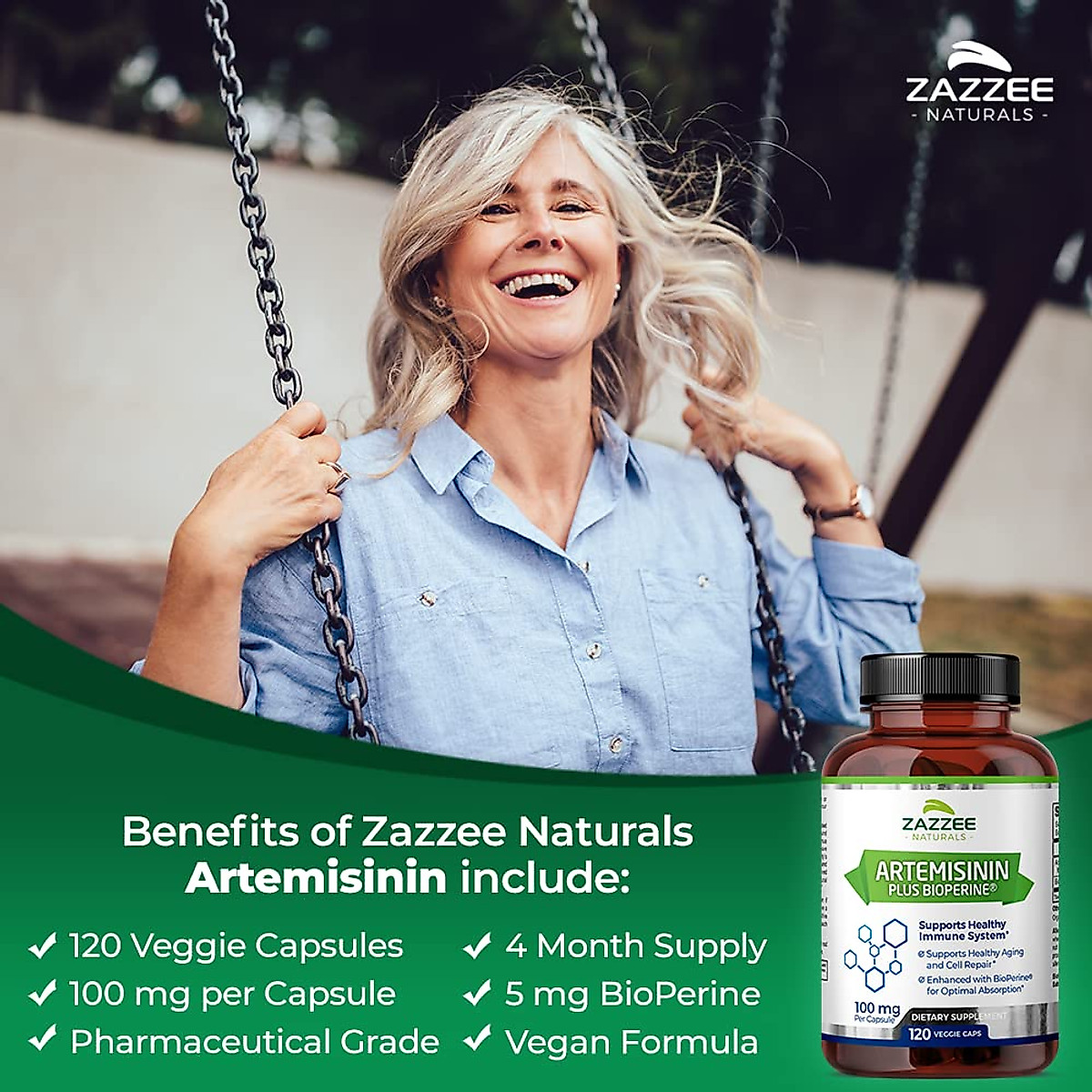 Zazzee High Absorption Artemisinin, 100 mg per Capsule, 120 Vegan Capsules, with 5 mg BioPerine for Maximum Absorption, Sweet Wormwood Extract, 4 Month Supply, All-Natural and Non-GMO