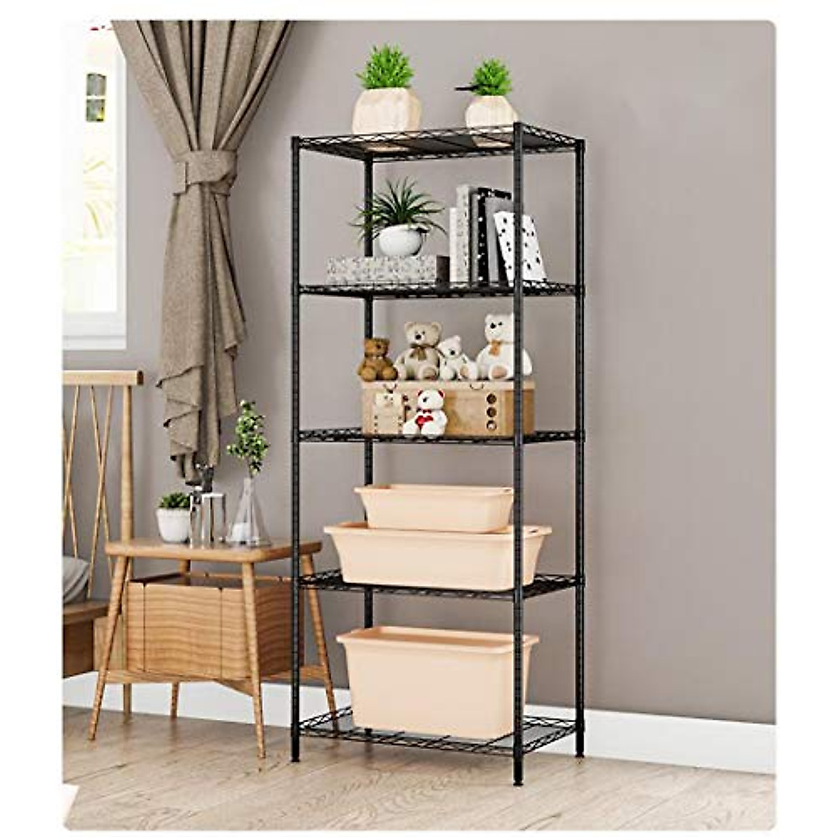 SUNNYSONG 5 Tier Metal Storage Shelves, Kitchen Storage Shelf,Metal Storage Shelves Unit Perfect for Laundry Bathroom Closet Shelves Microwave Stand (Black, (21.25 x 11.42 x 58.26))