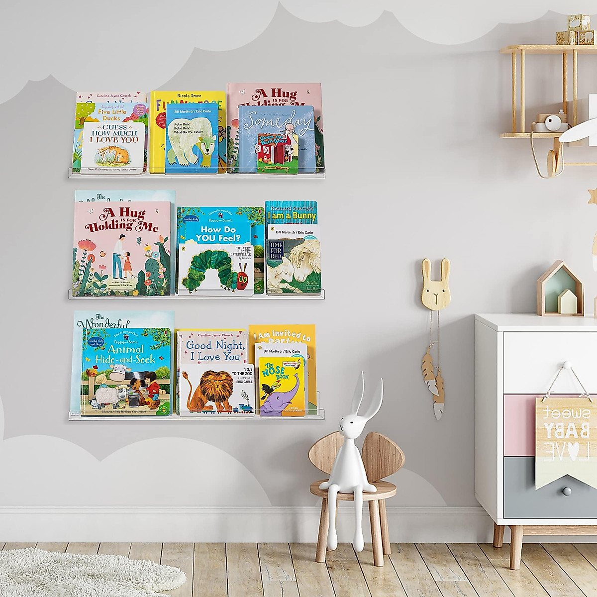 HBlife 24 Inches Floating Shelves Wall Mounted Clear Acrylic Shelves for Figures, Invisible Floating Bookshelf for Kids and Nursery, 8 Pack (5MM Thick)