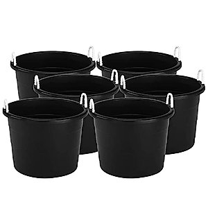 Homz 18 Gallon Durable Plastic Utility Storage Bucket Tub Organizers with Strong Rope Handles for Indoor and Outdoor Use, Black, 6 Pack