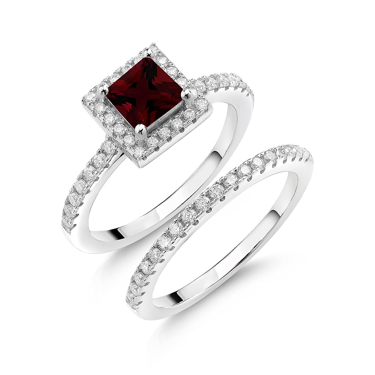 Gem Stone King 925 Sterling Silver Red Garnet and White Moissanite Wedding Engagement Ring Band Bridal Set For Women (1.48 Cttw, Princess Cut 5MM, Gemstone Birthstone, Available in Size 5, 6, 7, 8, 9)