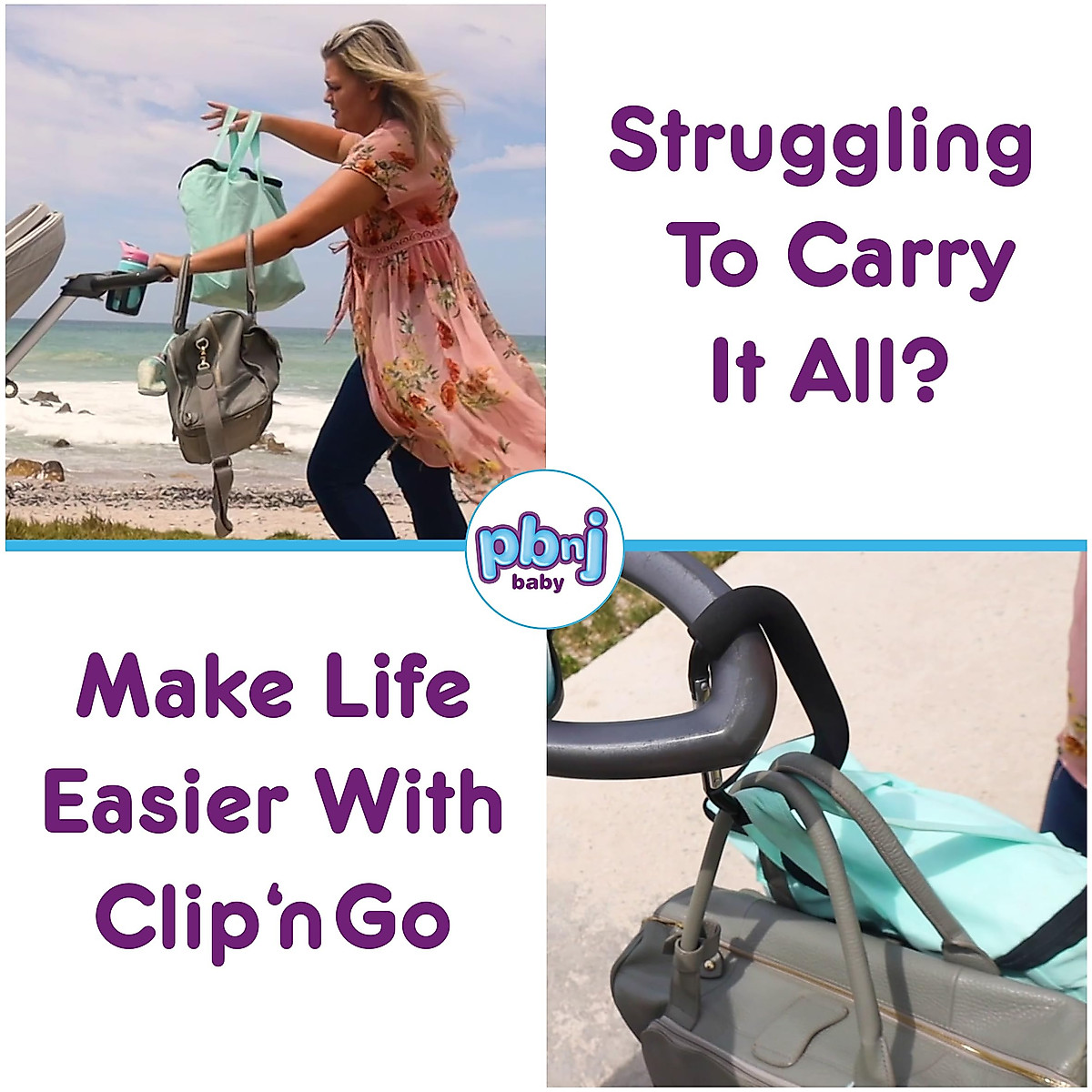 PBnJ baby Stroller Hooks for Hanging Diaper Bags - Mommy Stroller Clip and Stroller Accessories Organizer Hook - Large Carabiner Clips for Mom Purse Shopping Grocery Bag and Accessory - (1 Pack)