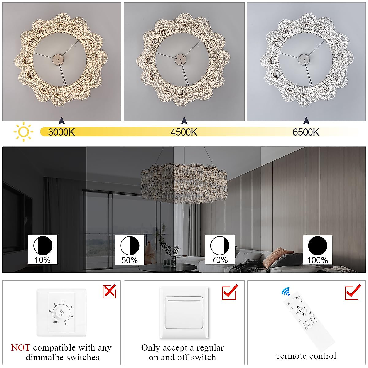 Poemoon Modern Crystal LED Chandelier 32’’ with Remote Control Dimmable 3000-6500K Contemporary Chrome Luxury Chandeliers Light Fixture for Living Dining Room Bedroom Kitchen Island Foyer Entryway