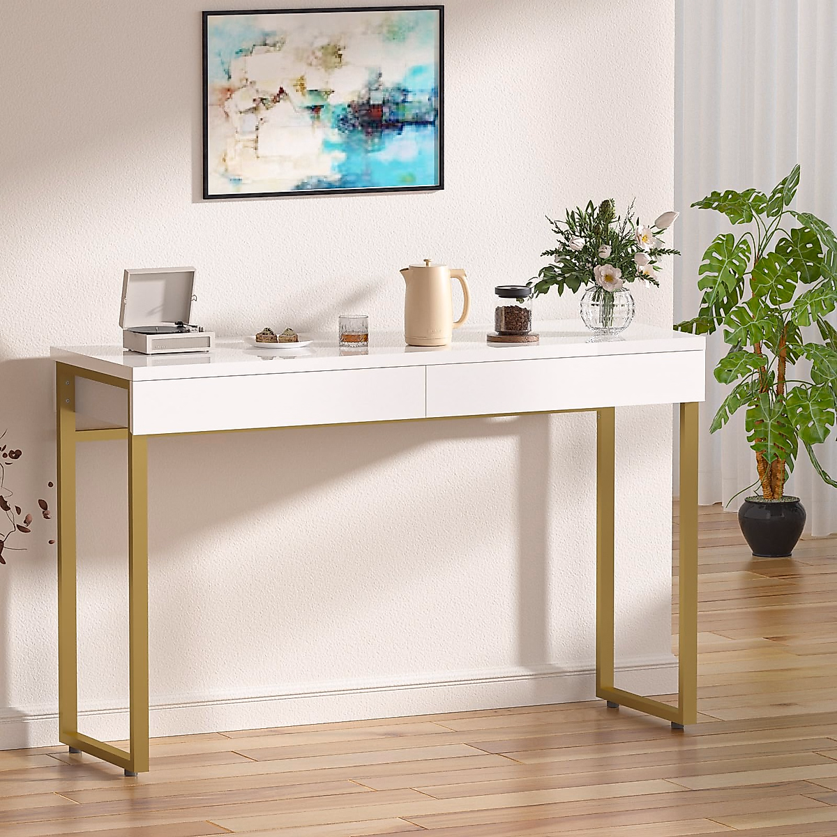 GreenForest Vanity Desk with 2 Drawers,39 inch White Desk with Glossy Desktop Easy Clean,Makeup Dressing Table with Metal Gold Legs for Home Office Small Spaces,Bedroom