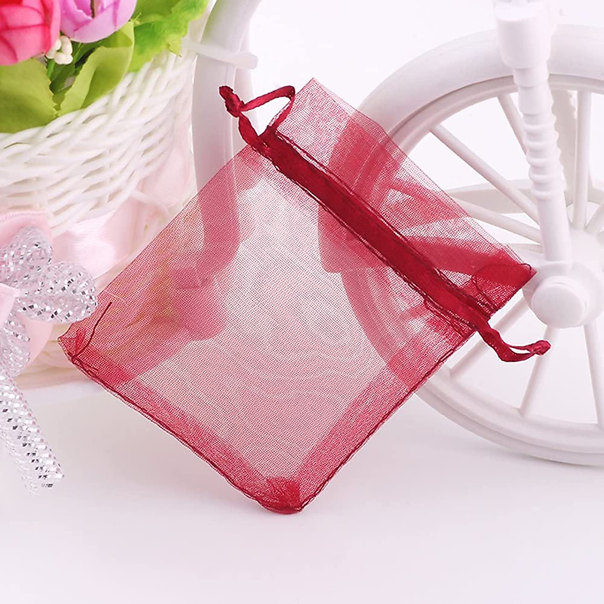 Wuligirl 100pcs Sheer Organza Bag 4X6 with Drawstring Jewelry Pouches Bags for Party Wedding Favor Candy Seashell Gift Bags (Red)