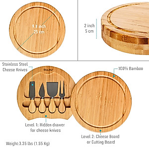 BlauKe Bamboo Cheese Board and Knife Set – 10 inch Round Charcuterie Board, Serving Tray, Platter, Wood Cheese Board Set – Gift Idea