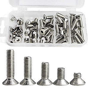 M6 x 8mm 12mm 16mm 20mm 25mm Flat Head Hex Socket Cap Screws Countersunk Bolts, 304 Stainless Steel, Fully Threaded, Bright Finish, Metric Allen Hex Drive, Assortment Kit 50PCS