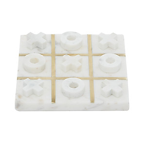 Deco 79 Marble Tic Tac Toe Game Set with Gold Inlay, 6" x 6" x 1", White