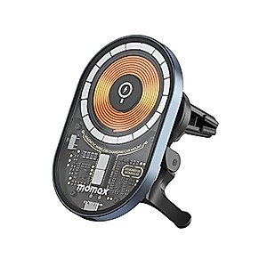 MOMAX Magnetic Wireless Charging Car Charger, Transparent Mag-Safe Compatible Charging Air Vent Mount, Compatible with iPhone 14/14 Max/14Pro/14Pro Max/13/13 Pro/13 Pro Max/12Series and Magnetic Case