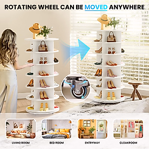Gujiam 6-Tier Rotating Shoe Rack Tower 360 with Wheels, 57.5in Spinning Shoe Rack, Revolving Shoe Rack, Shoe Carousel Closet Organizer, Free Standing Shoe Rack for Entryway Living Room Hallway White