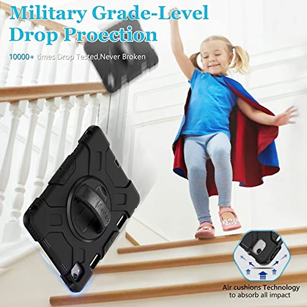 Case for iPad Air 5th/4th Generation: Military Grade Protective Cover iPad Pro 11 Inch Case & iPad Air 5/4 Case 10.9 Inch (2022/2020) W/Pencil Holder- Stand- Handle- Shoulder Strap- Black